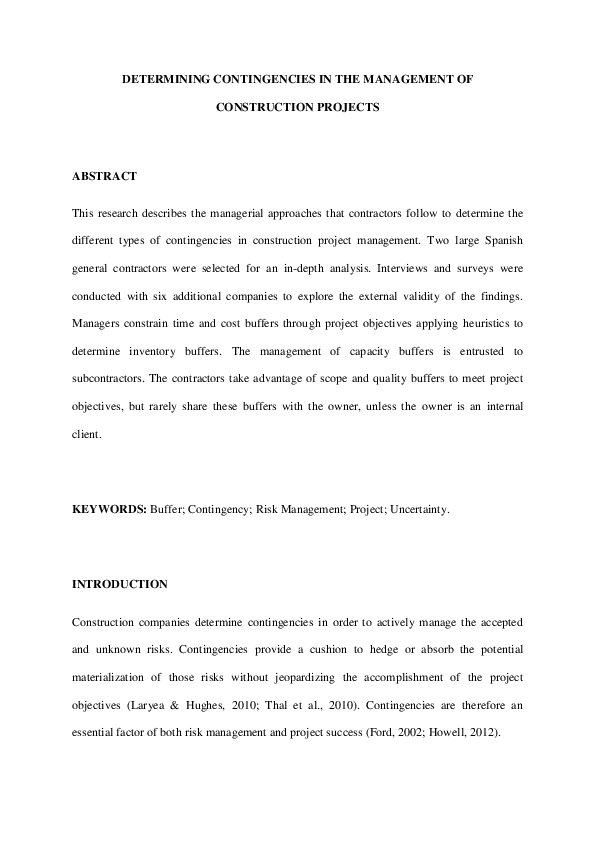 (PDF) DETERMINING CONTINGENCIES IN THE MANAGEMENT OF CONSTRUCTION PROJECTS
