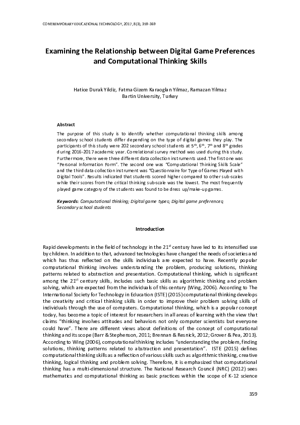 (PDF) Examining the Relationship between Digital Game Preferences and Computational Thinking Skills