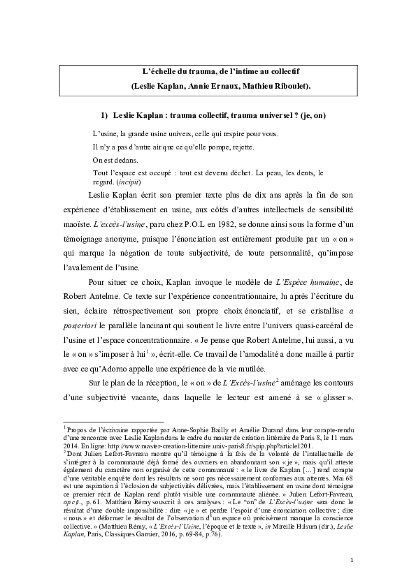 (PDF) L'échelle du trauma, de l'intime au collectif (Kaplan, Ernaux ...