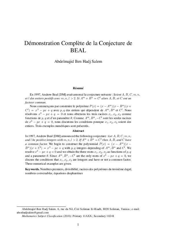 (PDF) Démonstration Complète de la Conjecture de BEAL