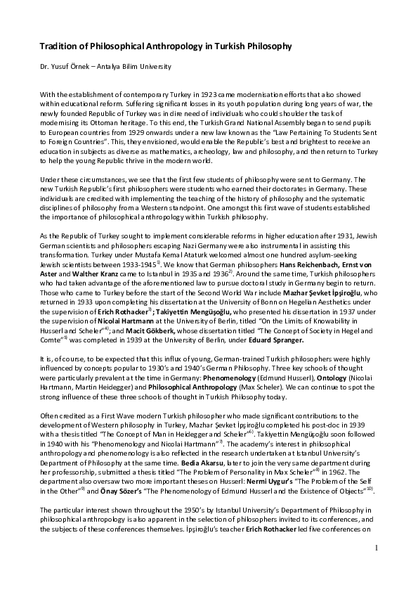 (PDF) Tradition of Philosophical Anthropology in Turkish Philosophy