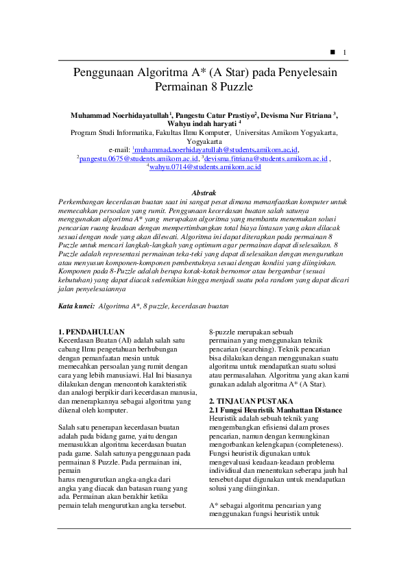 (PDF) Penggunaan Algoritma A* (A Star) pada Penyelesain Permainan 8 Puzzle