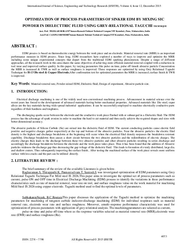 (PDF) OPTIMIZATION OF PROCESS PARAMETERS OF SINKER EDM BY MIXING SIC POWDER IN DIELECTTRIC FLUID ...