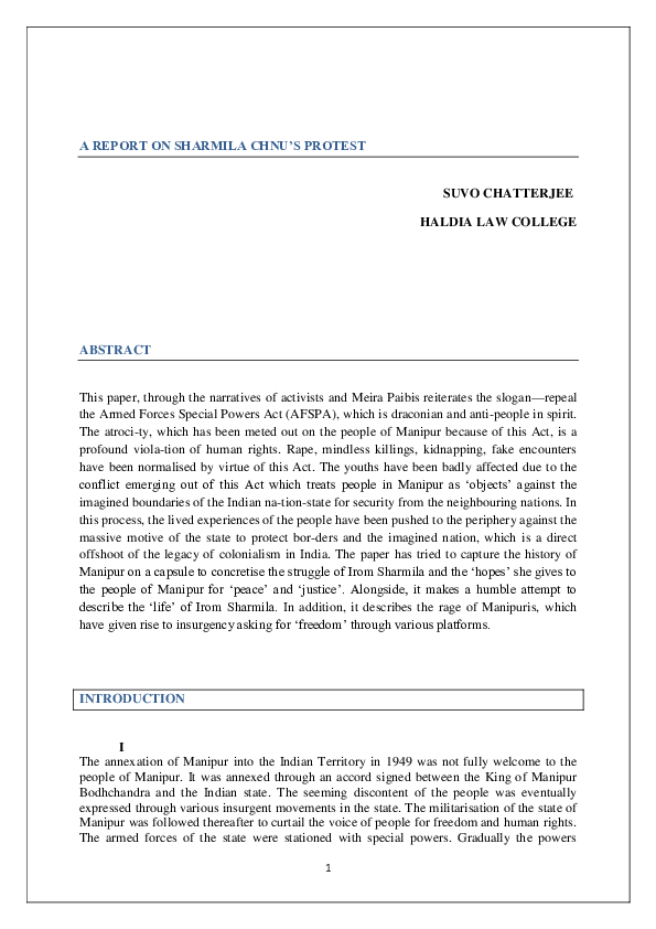(DOC) A REPORT ON SHARMILA CHNU'S PROTEST | Suvo Chatterjee - Academia.edu