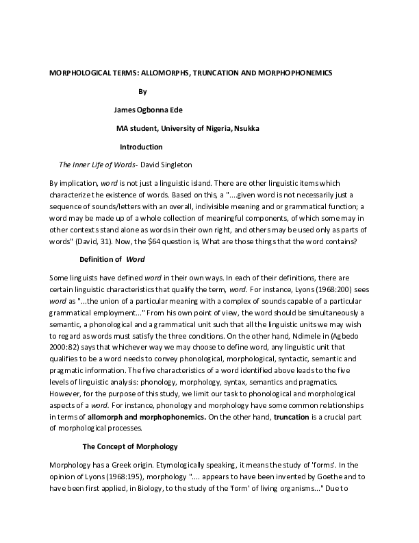 (DOC) MORPHOLOGICAL TERMS: ALLOMORPHS, TRUNCATION AND MORPHOPHONEMICS ...