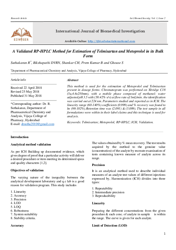 (PDF) A Validated RP-HPLC Method for Estimation of Telmisartan and Metoprolol in its Bulk Form
