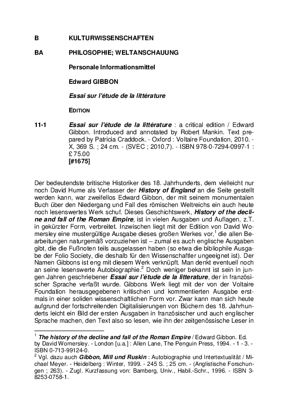 (PDF) IFB-Rezension Edward GIBBON Essai sur l'étude de la littérature ...