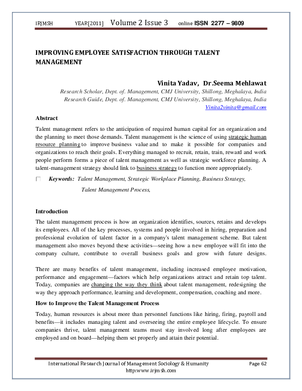 (PDF) IMPROVING EMPLOYEE SATISFACTION THROUGH TALENT MANAGEMENT