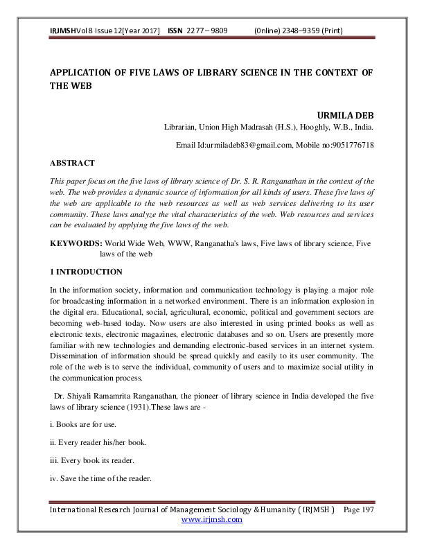 (PDF) APPLICATION OF FIVE LAWS OF LIBRARY SCIENCE IN THE CONTEXT OF THE WEB