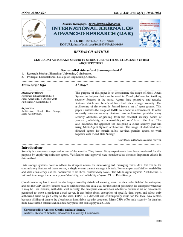 Pdf Cloud Data Storage Security Structure With Multi Agent System Architecture