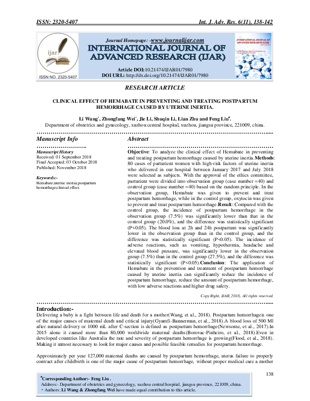 (PDF) CLINICAL EFFECT OF HEMABATE IN PREVENTING AND TREATING POSTPARTUM ...