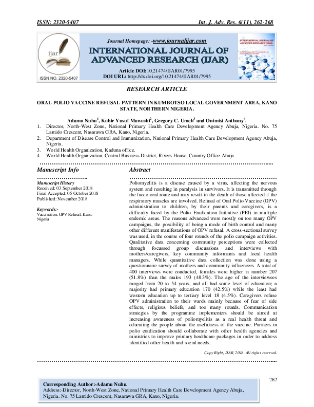 (PDF) ORAL POLIO VACCINE REFUSAL PATTERN IN KUMBOTSO LOCAL GOVERNMENT ...