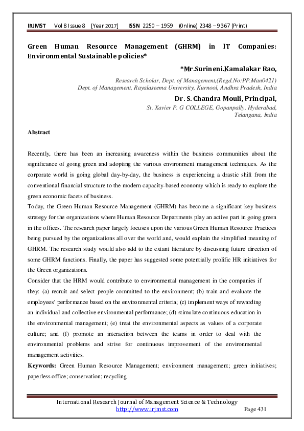 (PDF) Green Human Resource Management (GHRM) in IT Companies ...