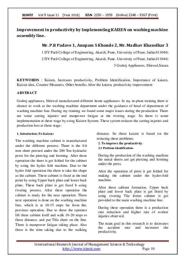 (PDF) Improvement in productivity by Implementing KAIZEN on washing ...