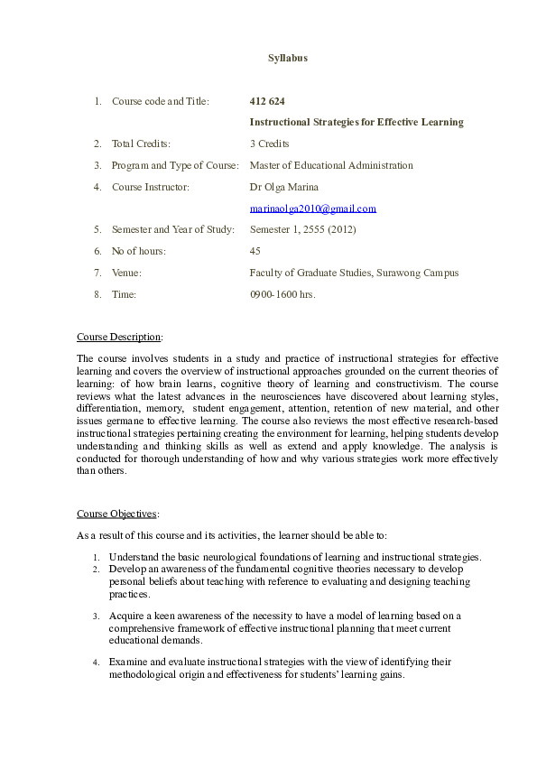 (DOC) Syllabus 1. Course code and Title: 412 624 Instructional ...