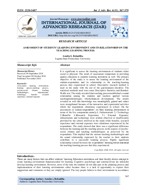 (PDF) ASSESSMENT OF STUDENTS? LEARNING ENVIRONMENT AND ITS RELATIONSHIP ...