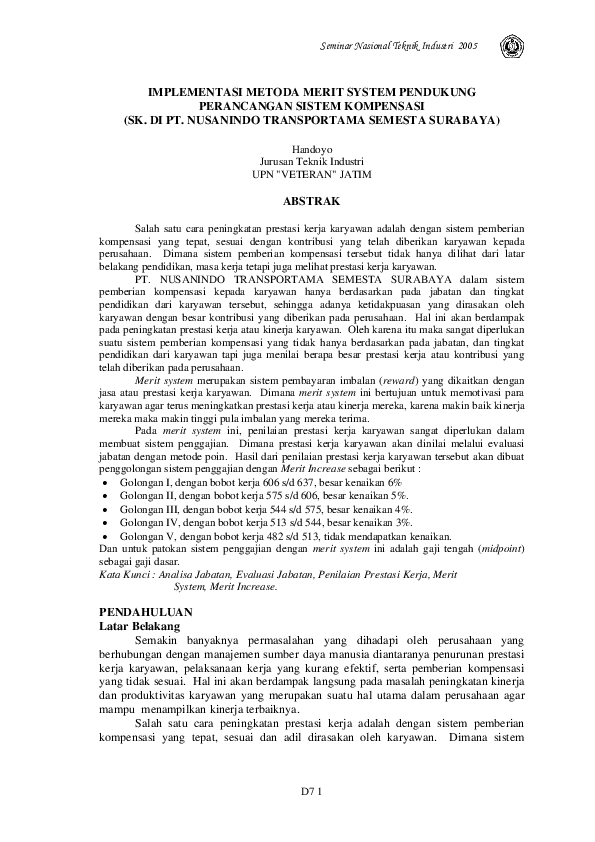 (PDF) IMPLEMENTASI METODA MERIT SYSTEM PENDUKUNG PERANCANGAN SISTEM KOMPENSASI (SK. DI PT ...