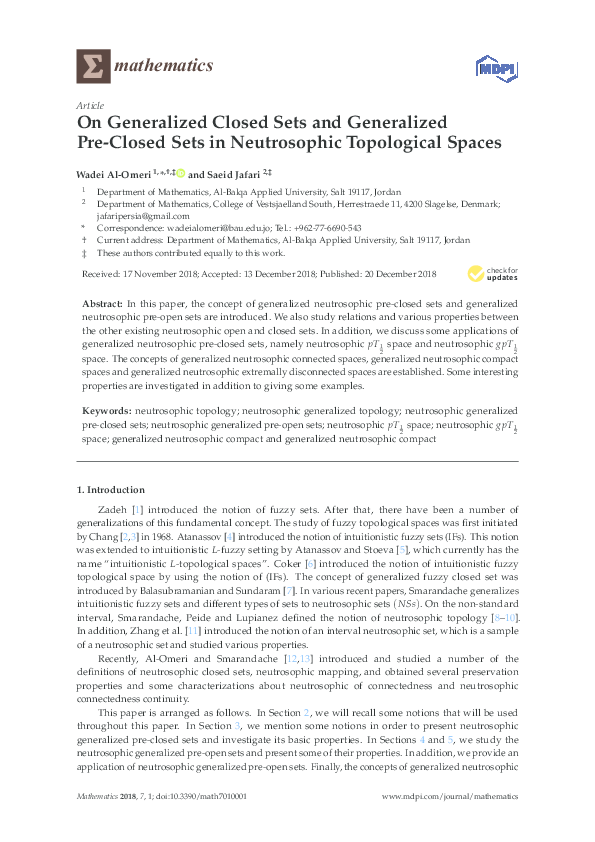 Pdf On Generalized Closed Sets And Generalized Pre Closed Sets In Neutrosophic Topological Spaces