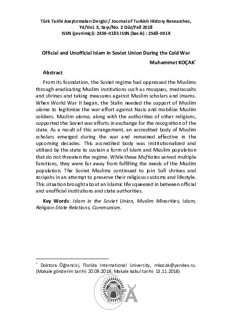 (PDF) Official and Unofficial Islam in Soviet Union During the Cold War