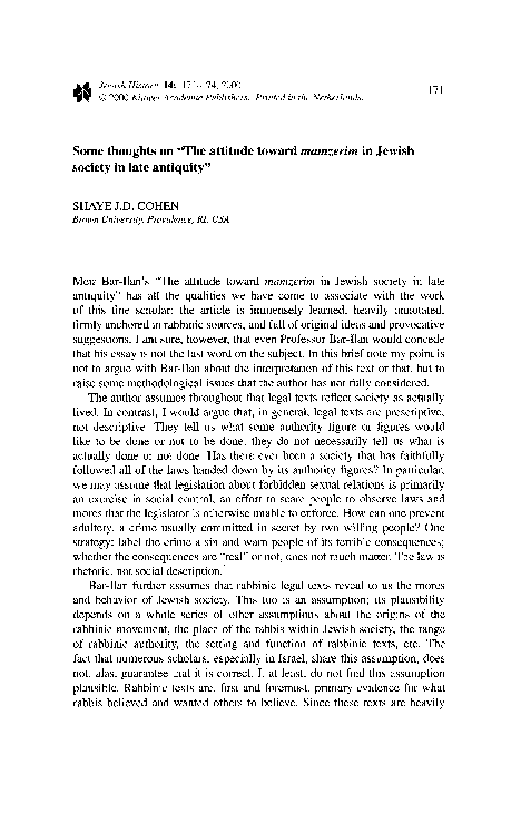 (PDF) Shaye J.D. Cohen, “Some Thoughts on ‘The Attitude toward mamzerim ...