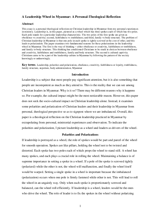 (DOC) A Leadership Wheel in Myanmar: A Personal-Theological Reflection