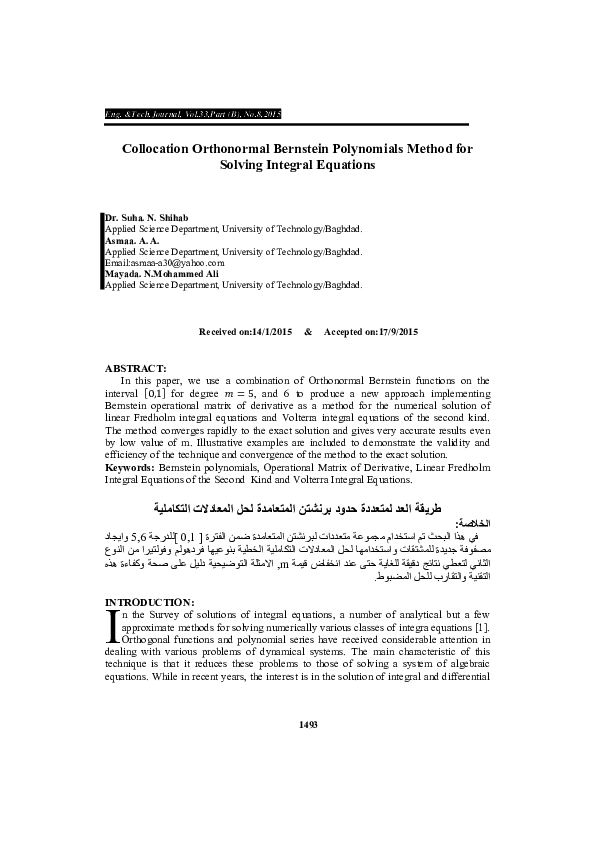 (PDF) Collocation Orthonormal Bernstein Polynomials Method for Solving Integral Equations ...