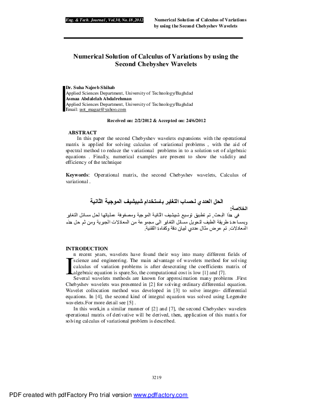 Pdf Numerical Solution Of Calculus Of Variations By Using The Second Chebyshev Wavelets