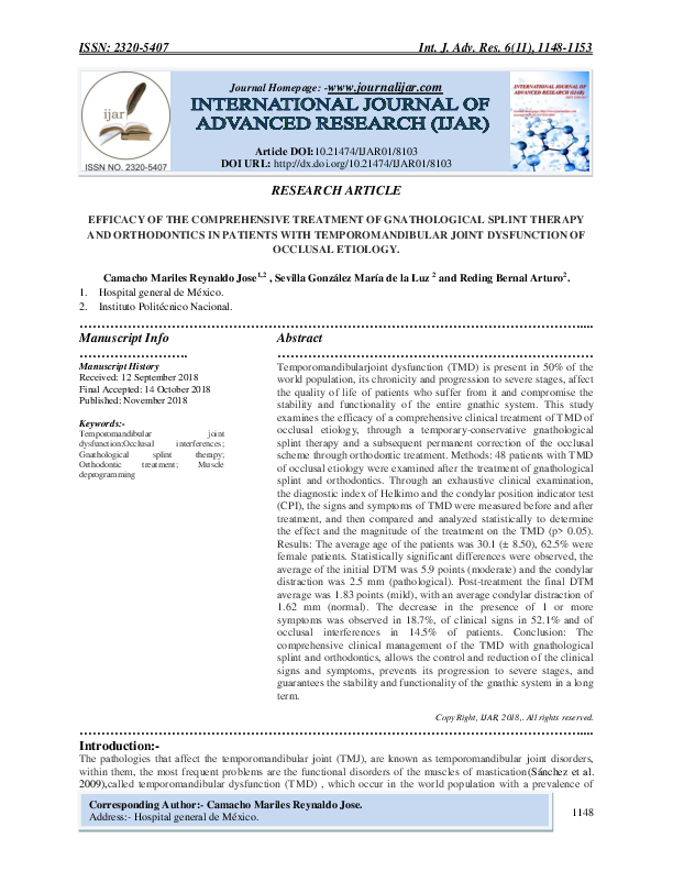 (PDF) EFFICACY OF THE COMPREHENSIVE TREATMENT OF GNATHOLOGICAL SPLINT ...