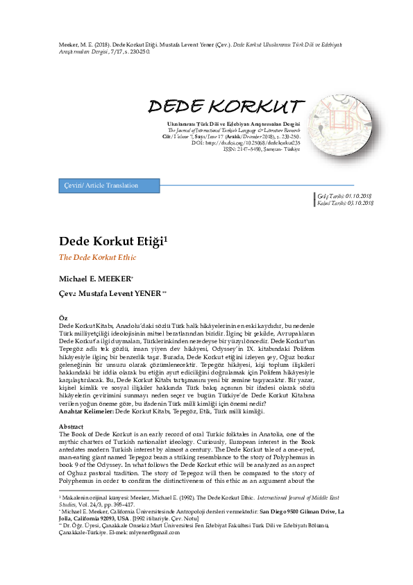 (PDF) Michael E. Meeker, Dede Korkut Etiği