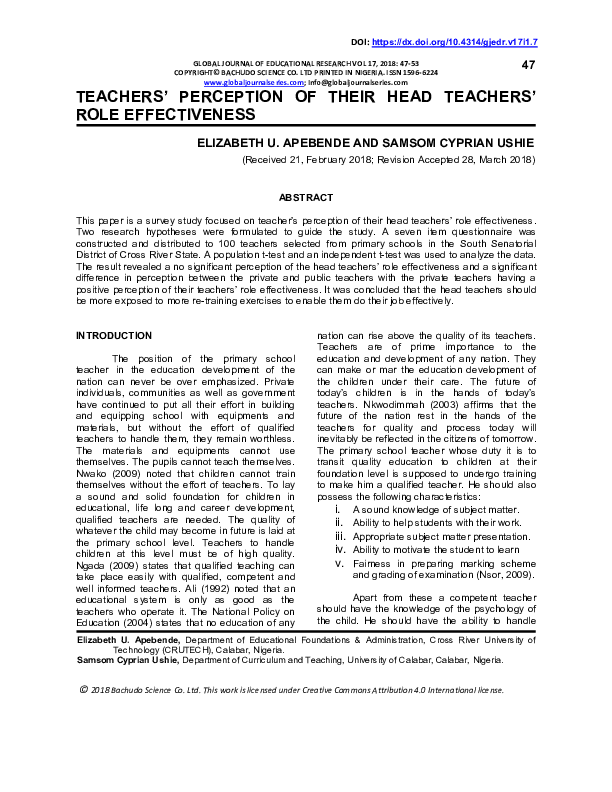 Pdf Teachers Perception Of Their Head Teachers Role Effectiveness