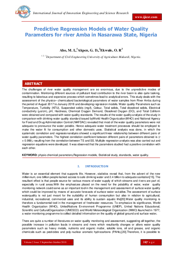 Pdf Predictive Regression Models Of Water Quality Parameters For