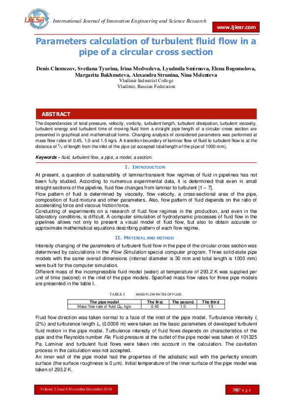 (PDF) Parameters calculation of turbulent fluid flow in a pipe of a circular cross section