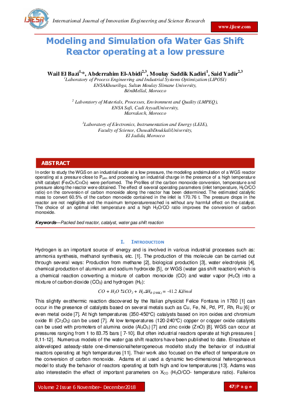 (PDF) Modeling and Simulation ofa Water Gas Shift Reactor operating at ...