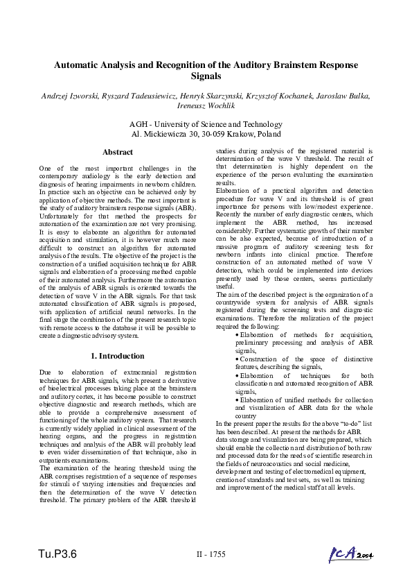 (PDF) Automatic Analysis and Recognition of the Auditory Brainstem Response Signals