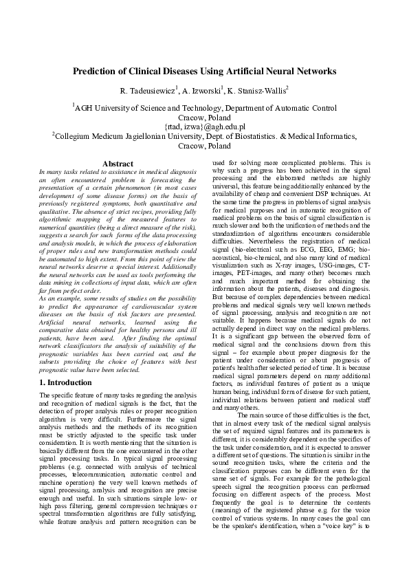 (PDF) Prediction of Clinical Diseases Using Artificial Neural Networks