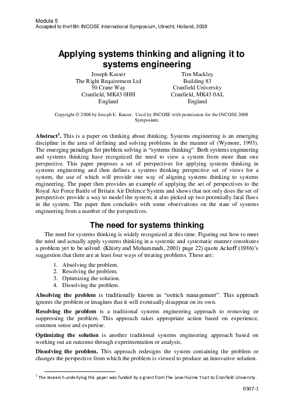 (PDF) Applying systems thinking and aligning it to systems engineering
