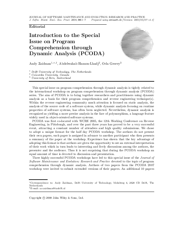 (PDF) Introduction to the special issue on program comprehension through dynamic analysis (PCODA ...