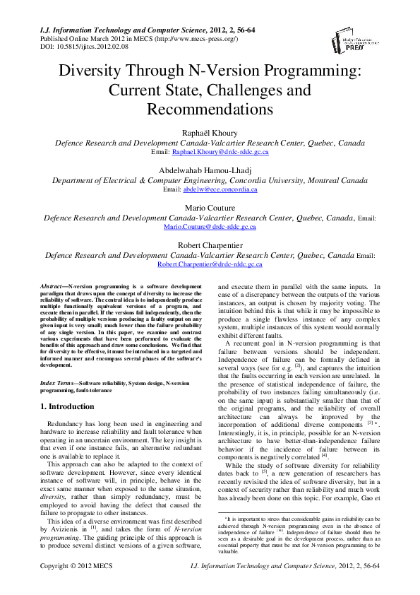 (PDF) Diversity Through N-Version Programming: Current State, Challenges and Recommendations