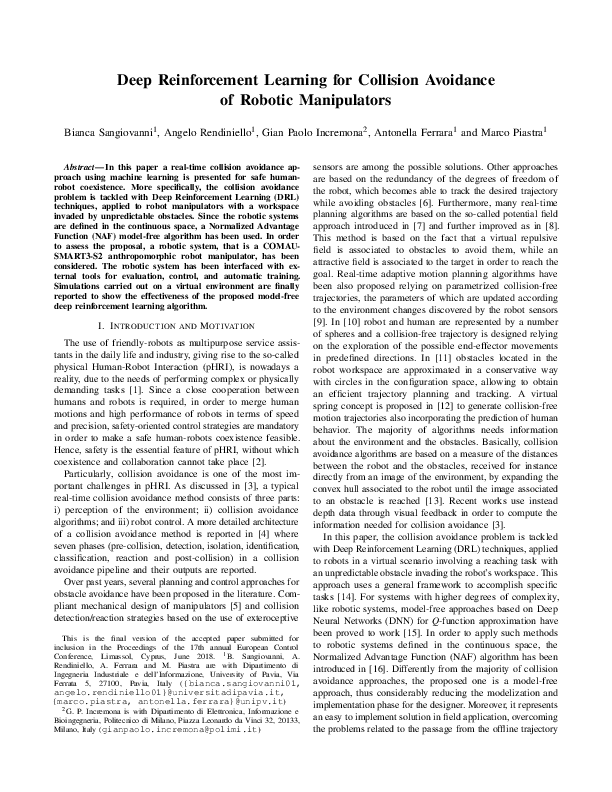 Pdf Deep Reinforcement Learning For Collision Avoidance Of Robotic Manipulators