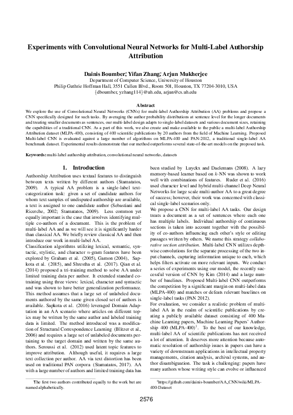 Pdf Experiments With Convolutional Neural Networks For Multi Label Authorship Attribution