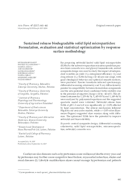 Pdf Sustained Release Biodegradable Solid Lipid Microparticles Formulation Evaluation And