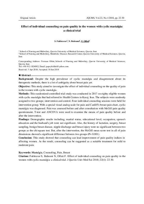 (PDF) Effect of individual counseling on pain quality in the women with ...