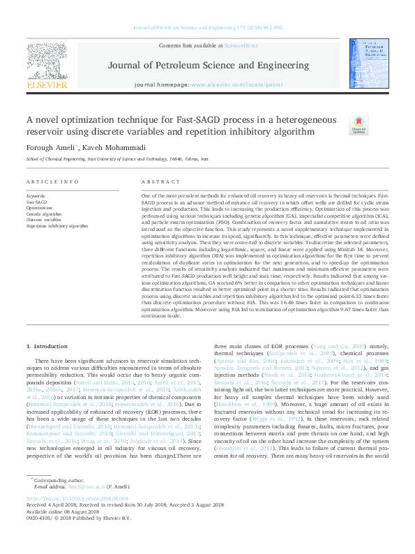 (PDF) A novel optimization technique for Fast-SAGD process in a heterogeneous reservoir using ...