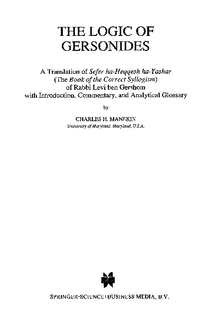(PDF) Charles H. Manekin, *The Logic of Gersonides* (Dordrecht: Kluwer ...