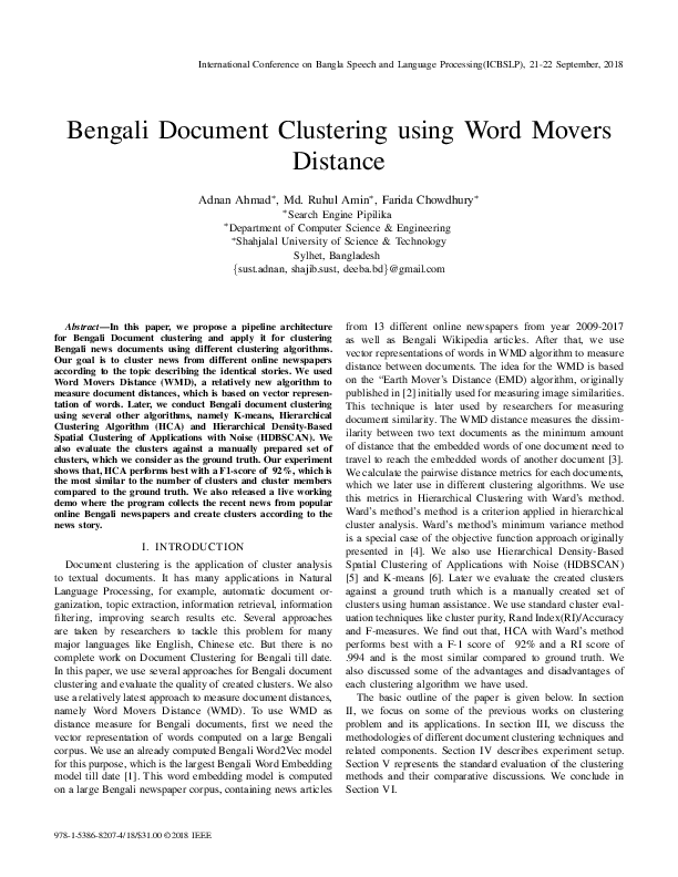 (PDF) Bengali Document Clustering using Word Movers Distance | Adnan Ahmad - Academia.edu