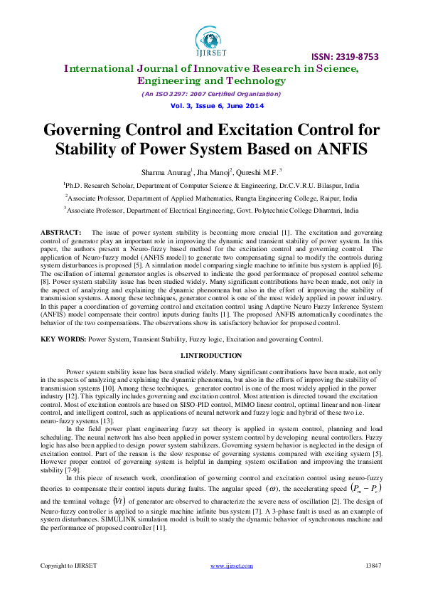 (PDF) Governing Control and Excitation Control for Stability of Power System Based on ANFIS