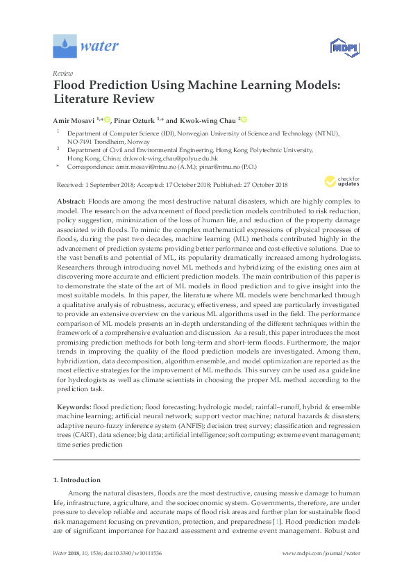 (PDF) Flood Prediction Using Machine Learning Models: Literature Review
