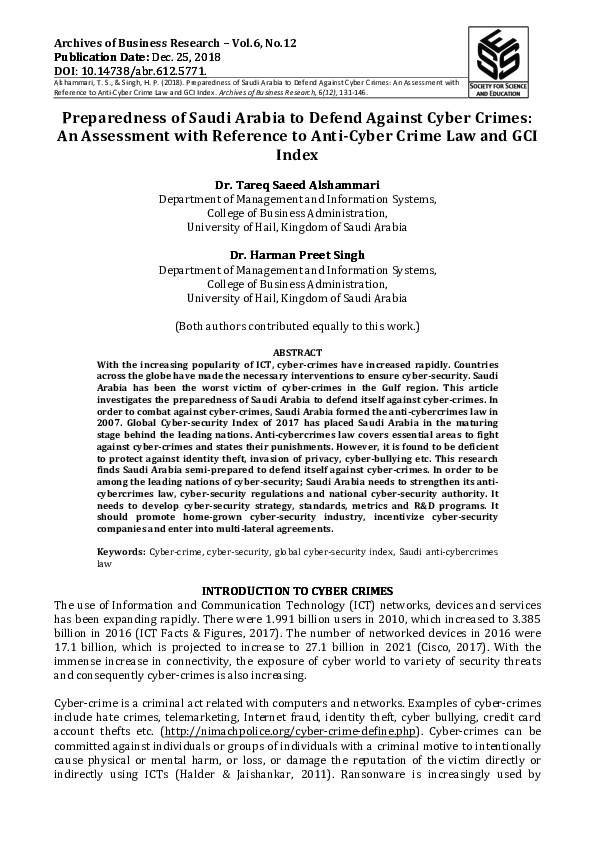 (PDF) Preparedness of Saudi Arabia to Defend Against Cyber Crimes: An ...