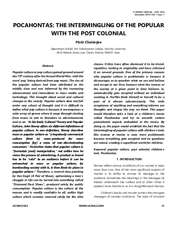 (PDF) POCAHONTAS: THE INTERMINGLING OF THE POPULAR WITH THE POST COLONIAL