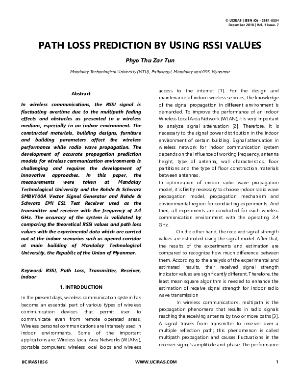 (PDF) PATH LOSS PREDICTION BY USING RSSI VALUES